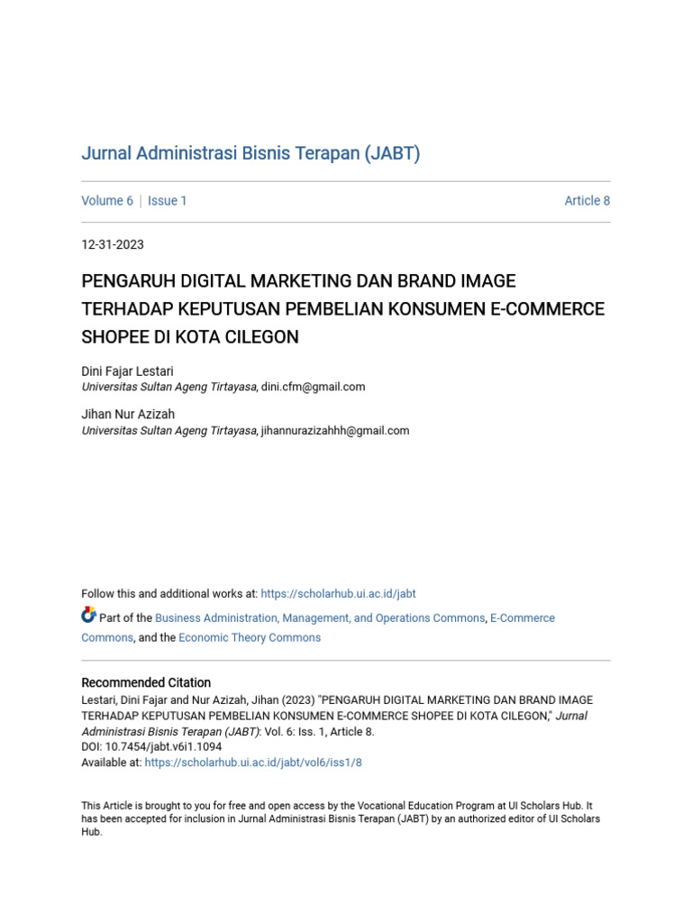Pengaruh Digital Marketing Dan Brand Image Terhadap Keputusan Pembelian Konsumen E-Commerce ...