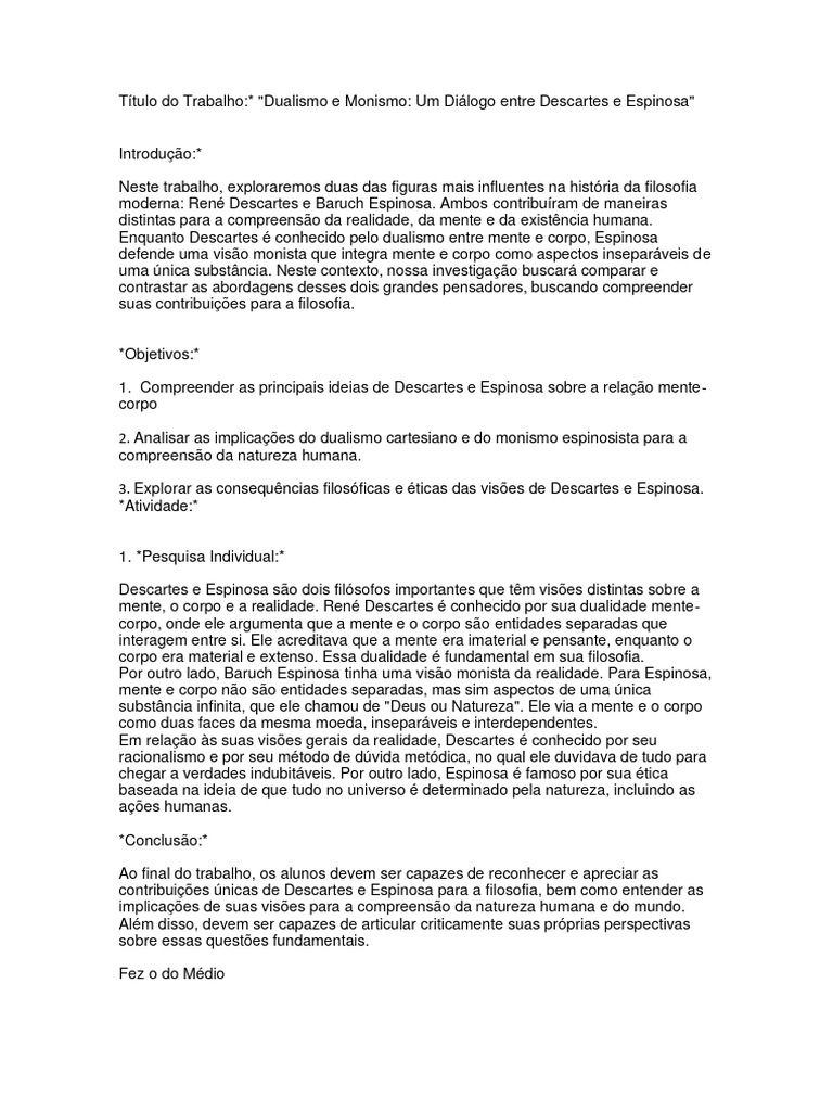 Dualismo e Monismo: Descartes vs Espinosa | PDF