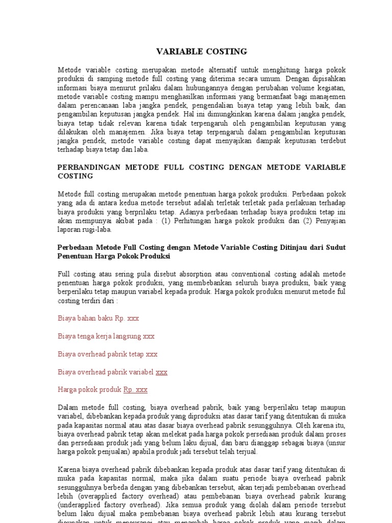 Pengertian dan Metode Variable Costing | PDF