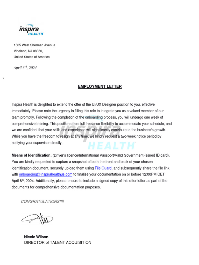Inspira Employment Letter | PDF | Identity Document | Employment