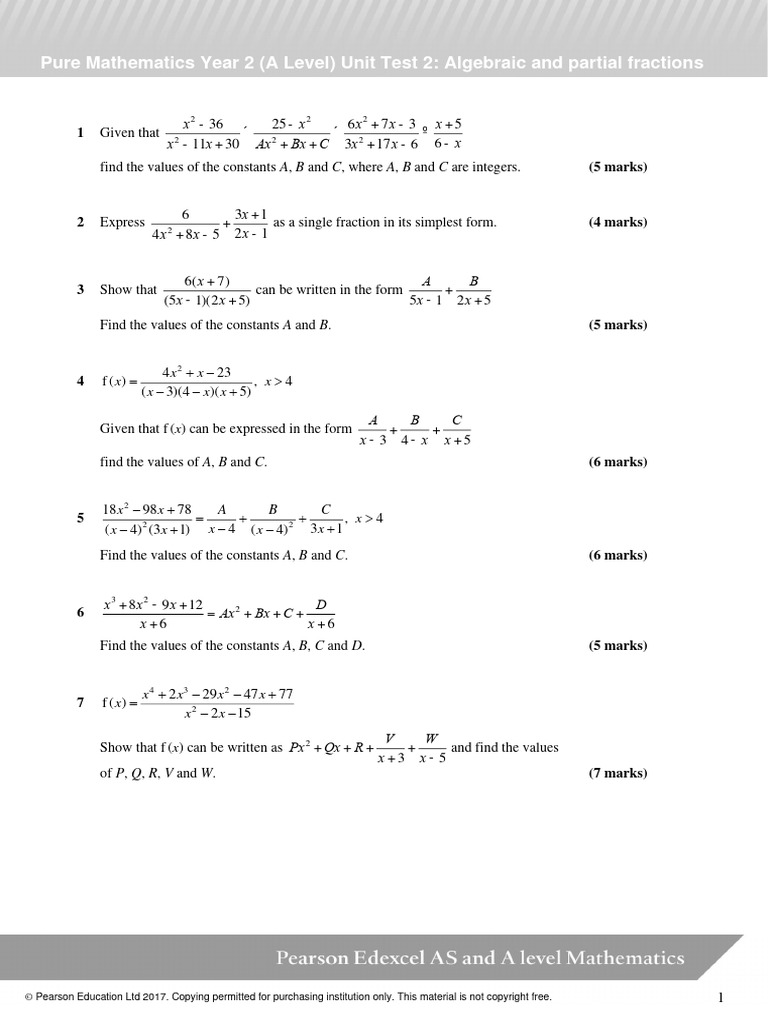 Al Maths Pure Unit 2 Test-Algfractions | PDF | Mathematical Objects ...