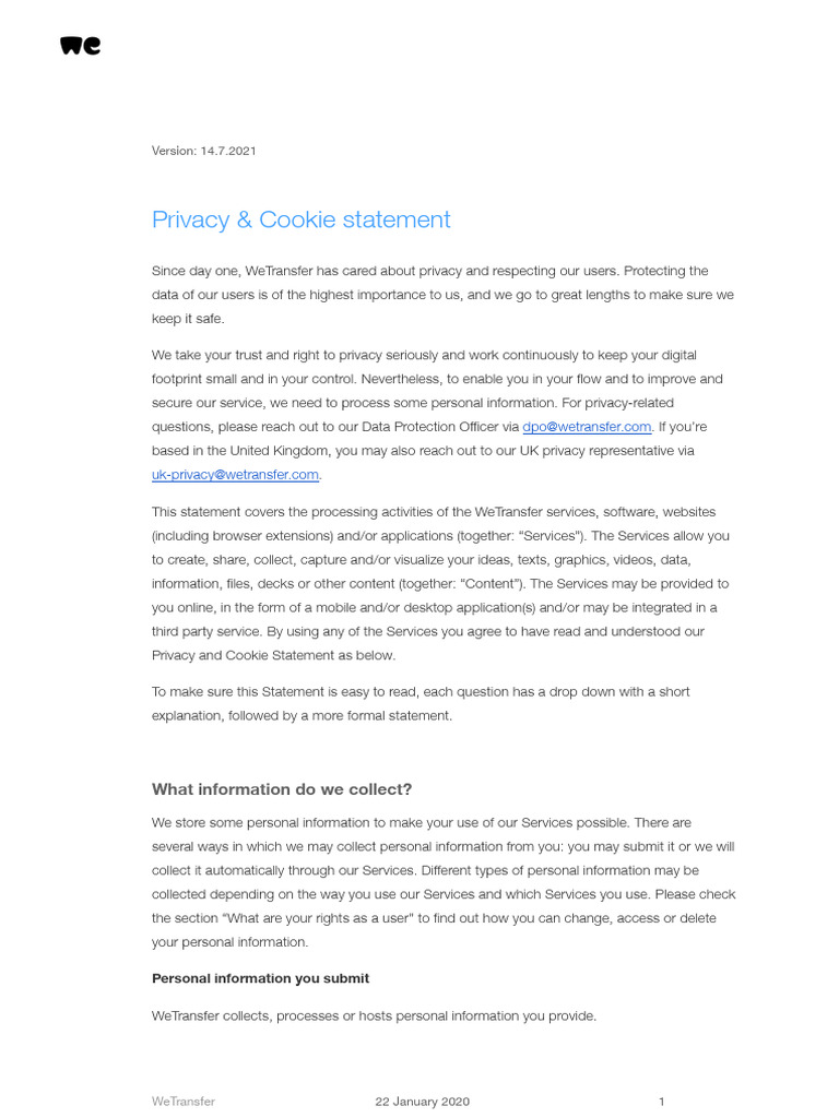 WeTransfer Website Privacy Cookie Statement ENG July 2021 | PDF | Http Cookie | Privacy