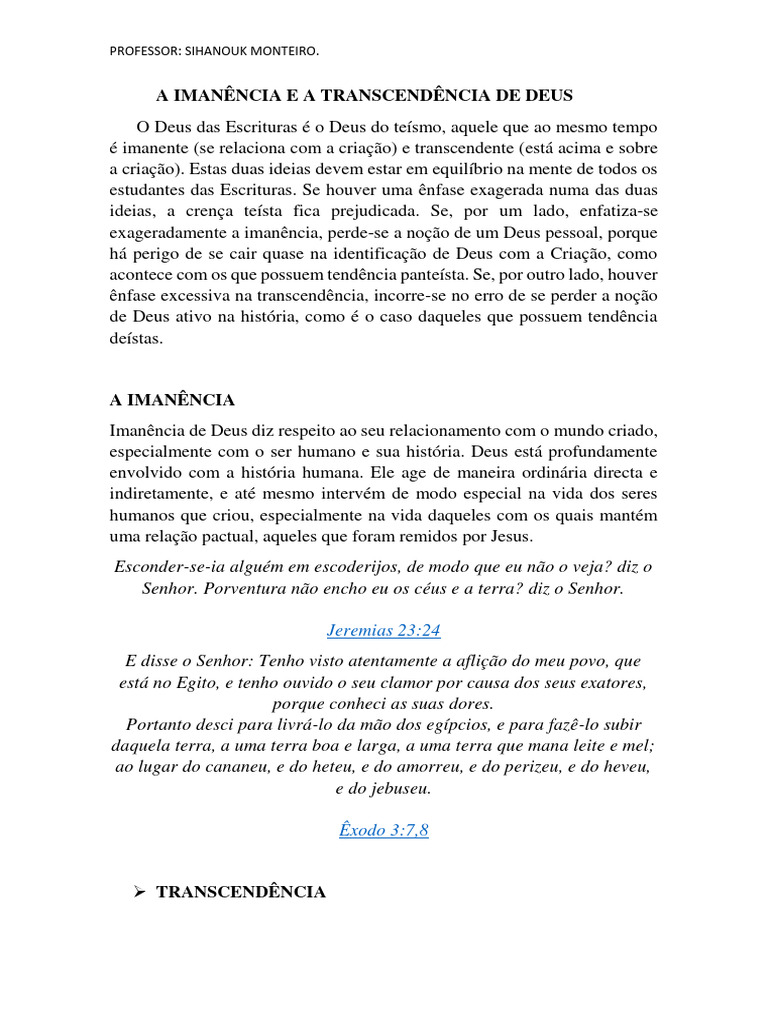 A Imanência e A Transcendência de Deus | PDF | Deus | Transcendência ...