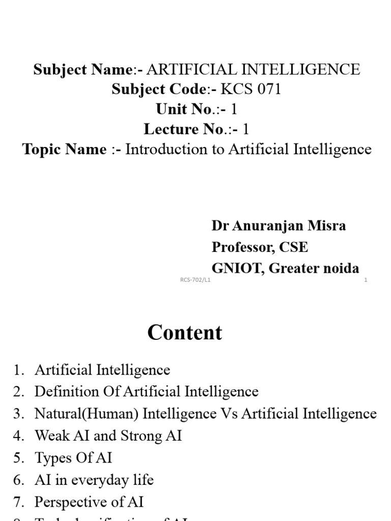 RCS702 Unit1 Lecture-1 | PDF | Artificial Intelligence | Intelligence (AI) & Semantics
