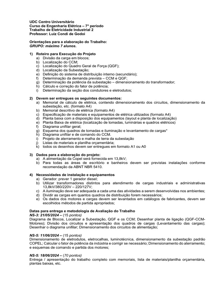 Trabalho Final Elet Ind 2 - 2024-1 | PDF | Eletricidade | Engenharia Elétrica