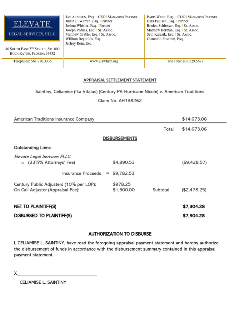 Appraisal Settlement Statement - Saintiny J Celiamise Fka Vitalus ...