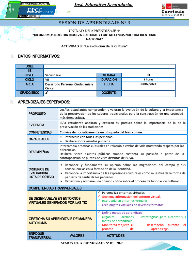 3º Dpcc- Ses 3 Uni 4 - Sem 03 | Descargar gratis PDF | Maestros | Aprendizaje