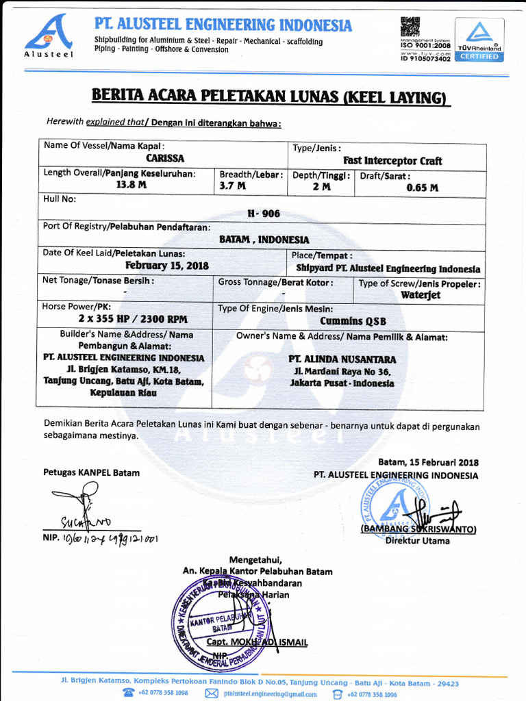 Berita Acara Peletakan Lunas Carissa | PDF