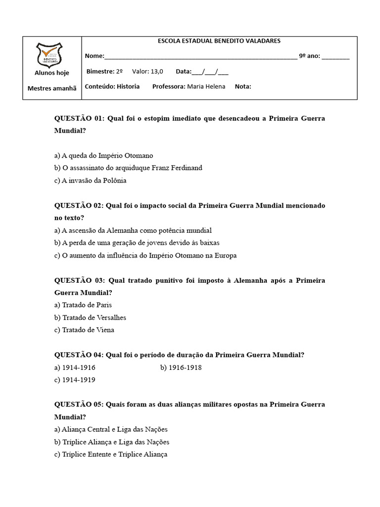 Avaliação 2 Bimestre Historia 9 Ano | PDF