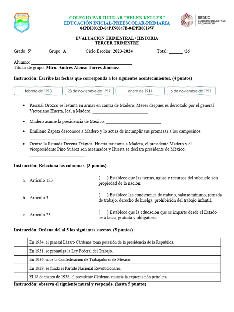 Examen Hist 3er Trimestre 5to | PDF | México