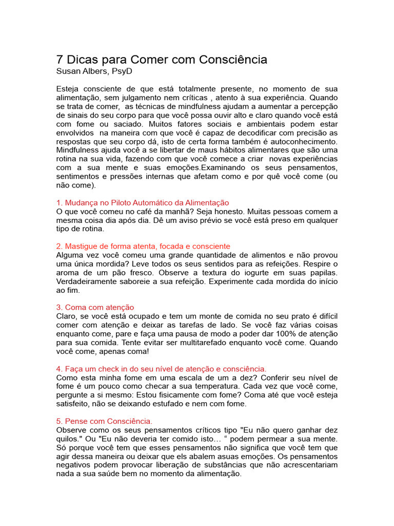 7 Dicas para Comer Consciente-Paciente | PDF | Pensamento | Consciência