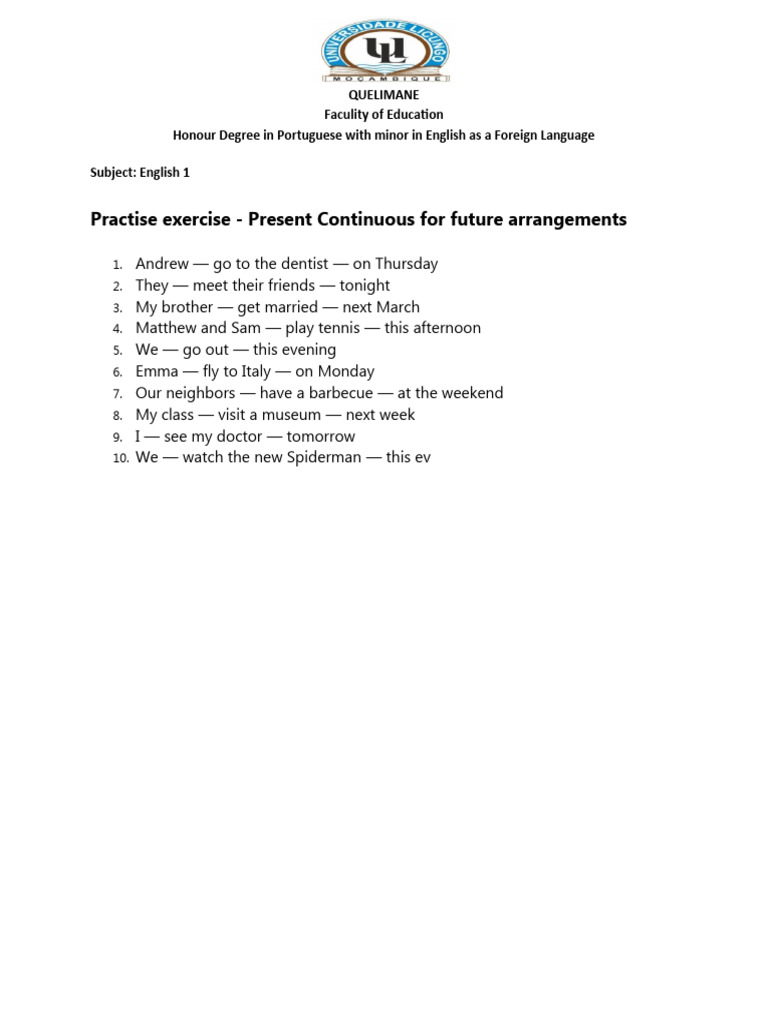 Practise Exercise On Present Continious For F A | PDF