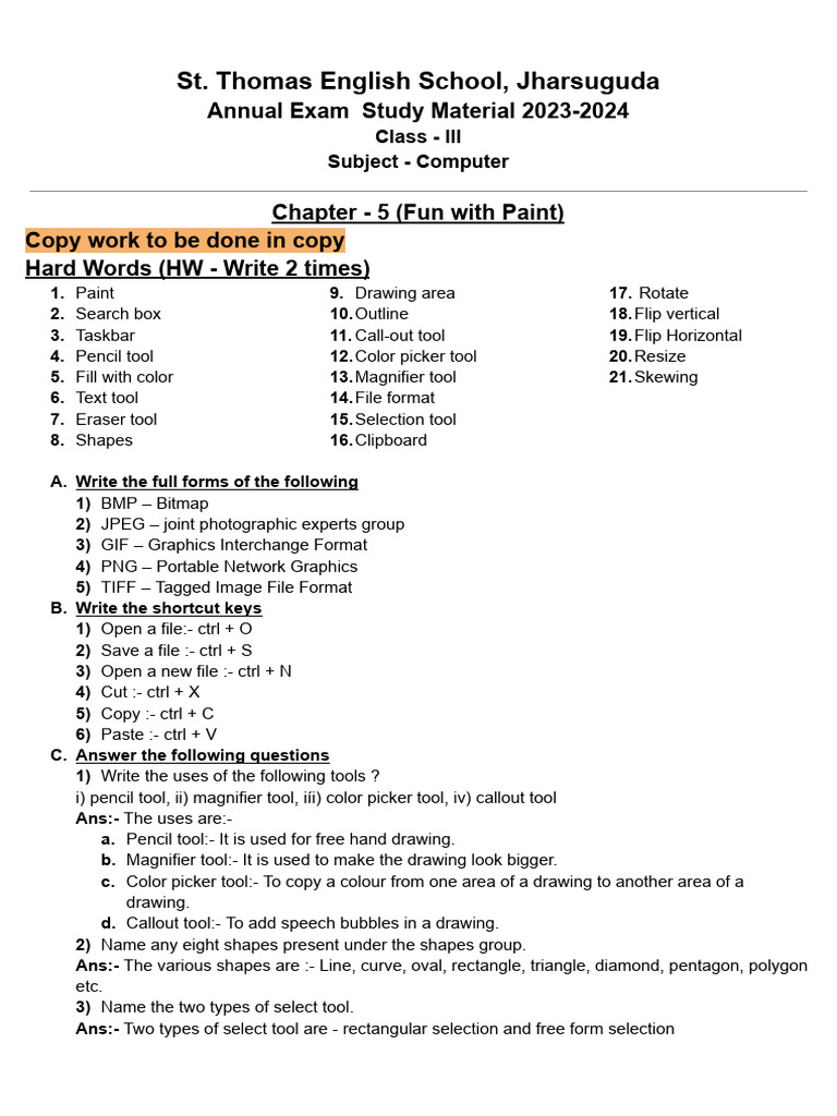 Class - 3, Computer, Annual Exam Study Material - 2023 - 2024 | PDF ...