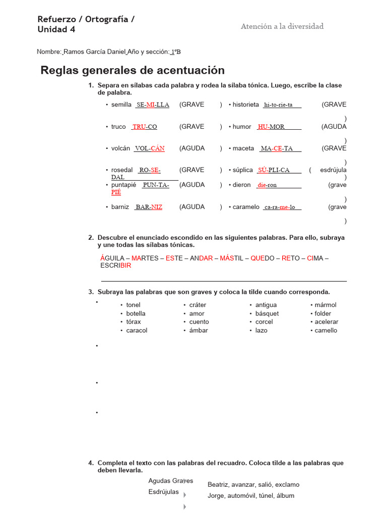 Reglas Generales de Acentuación: Refuerzo / Ortografía / Unidad 4 | PDF ...