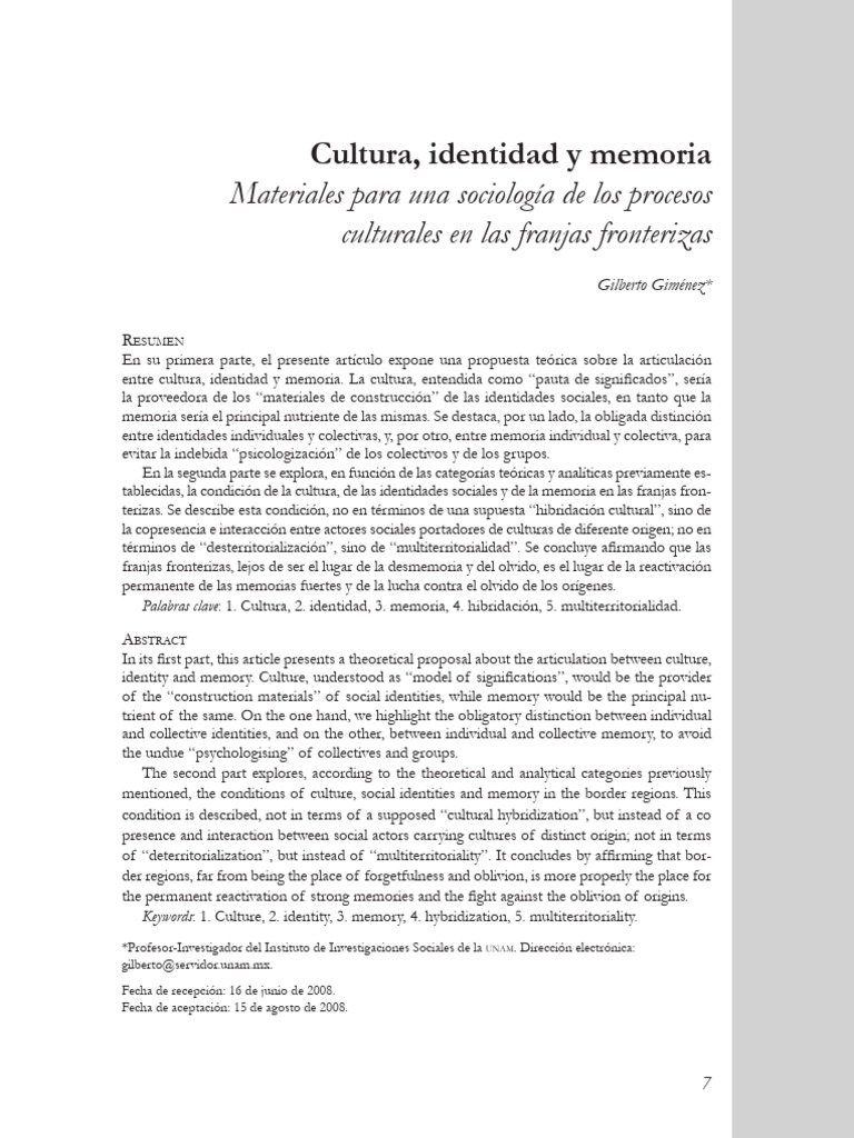 Gilberto Giménez - Cultura, identidad y memoria | PDF | Memoria | Sociología