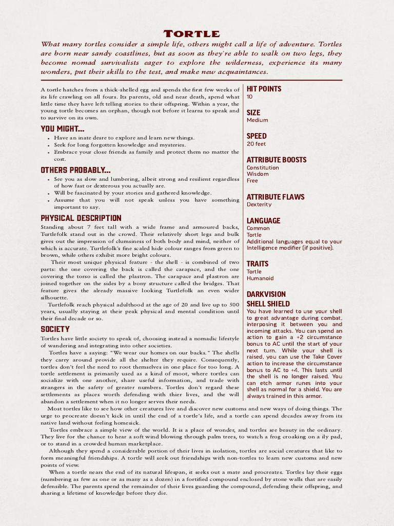 Tortle (Homebrew Pathfinder Ancestry) | PDF | Turtle | Deities