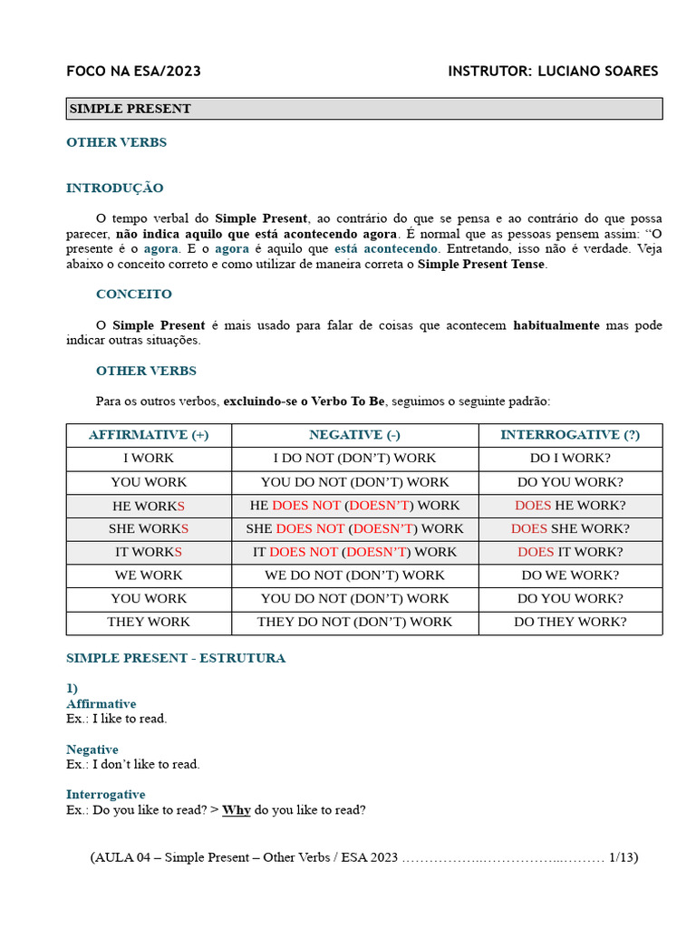 Aula 04 - Simple Present - Other Verbs | PDF | Linguistic Morphology ...