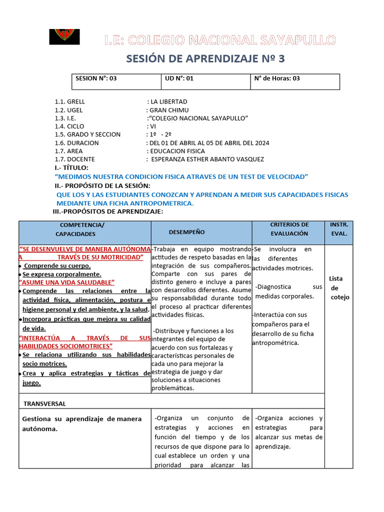 Sesion de Aprendizaje 03 Sayapullo | PDF | Maestros | Aprendizaje