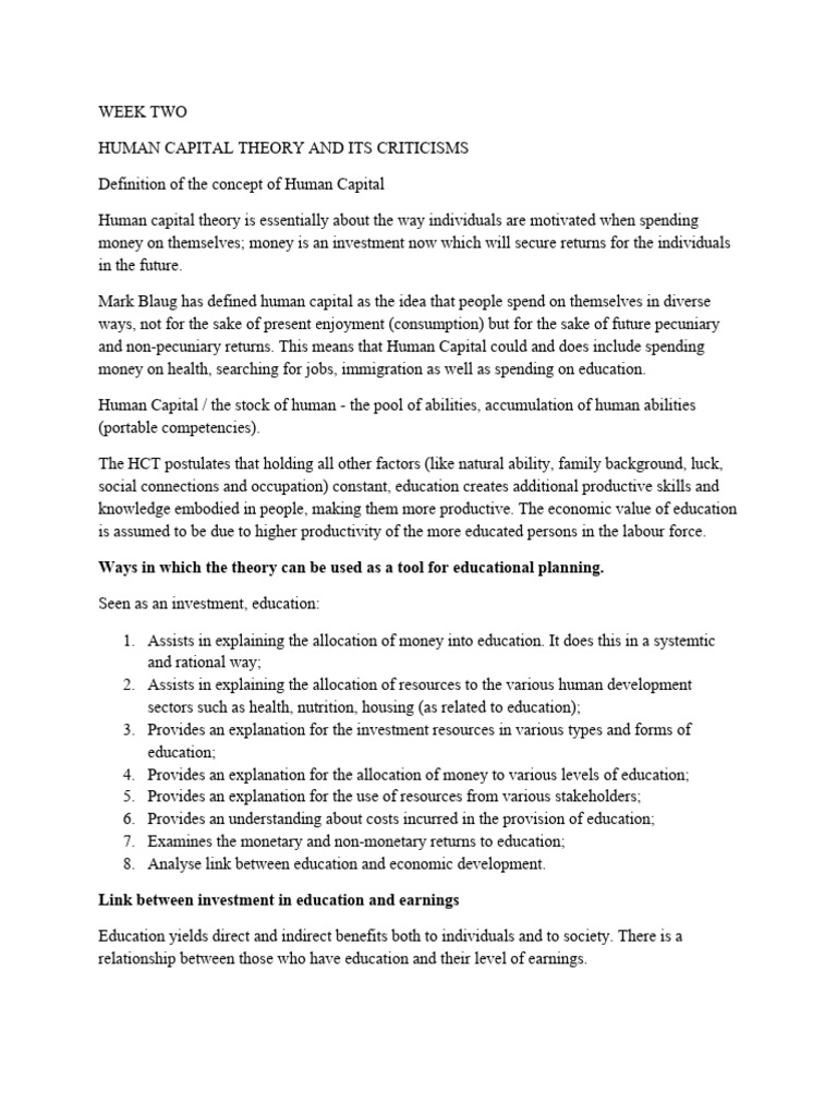 EMP 412 Week 2 HUMAN CAPITAL THEORY AND ITS CRTICISM | PDF | Human ...