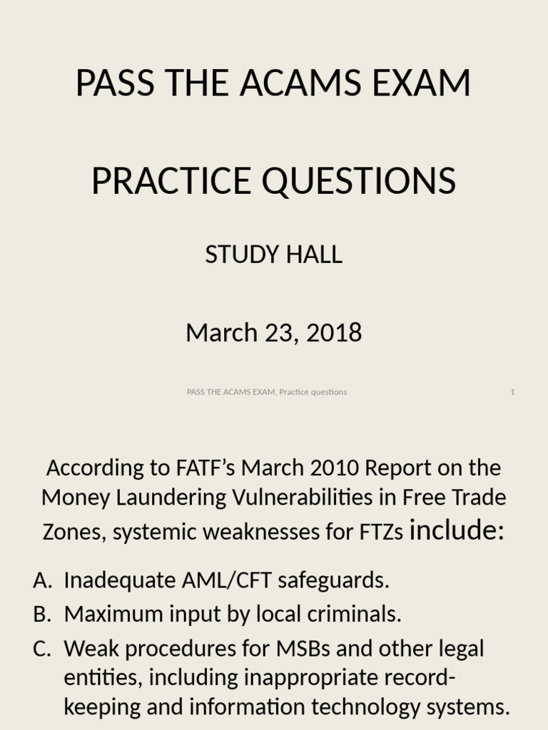 Pass The Acams Exam Practice Questions | PDF | Money Laundering | Banks