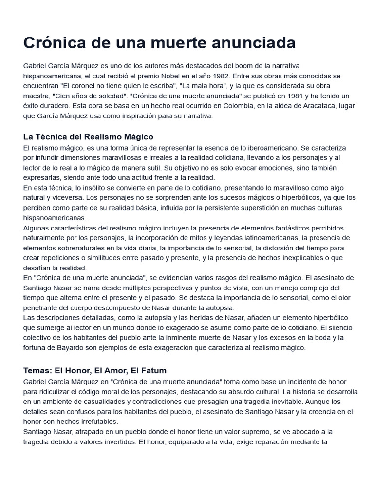 Crónica de Una Muerte Anunciada - RESUMEN | PDF | Gabriel García Márquez