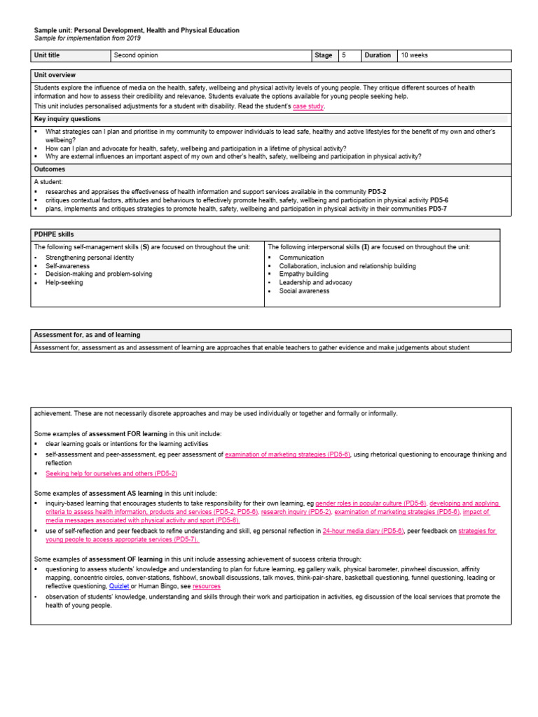 Pdhpe K 10 Stage 5 Sample Unit Second Opinion With Adjustments | PDF ...