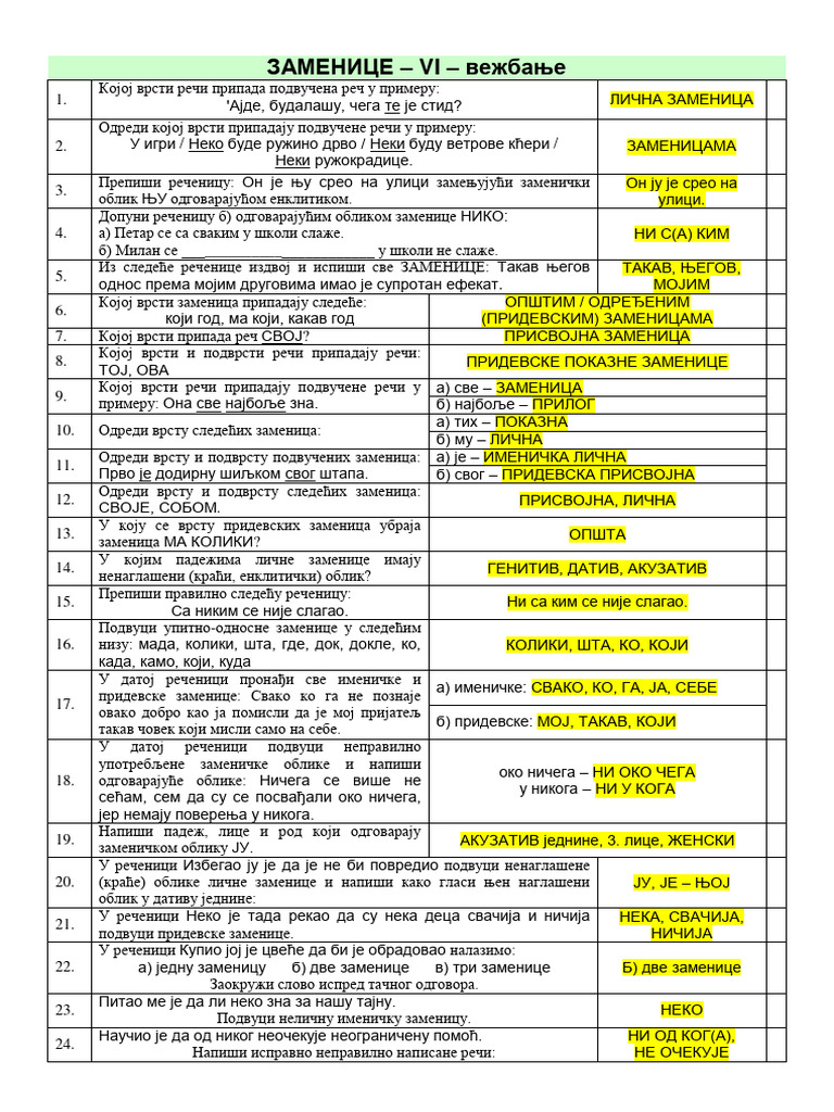 Pridevske Zamenice VI Vezbanje 1 | PDF