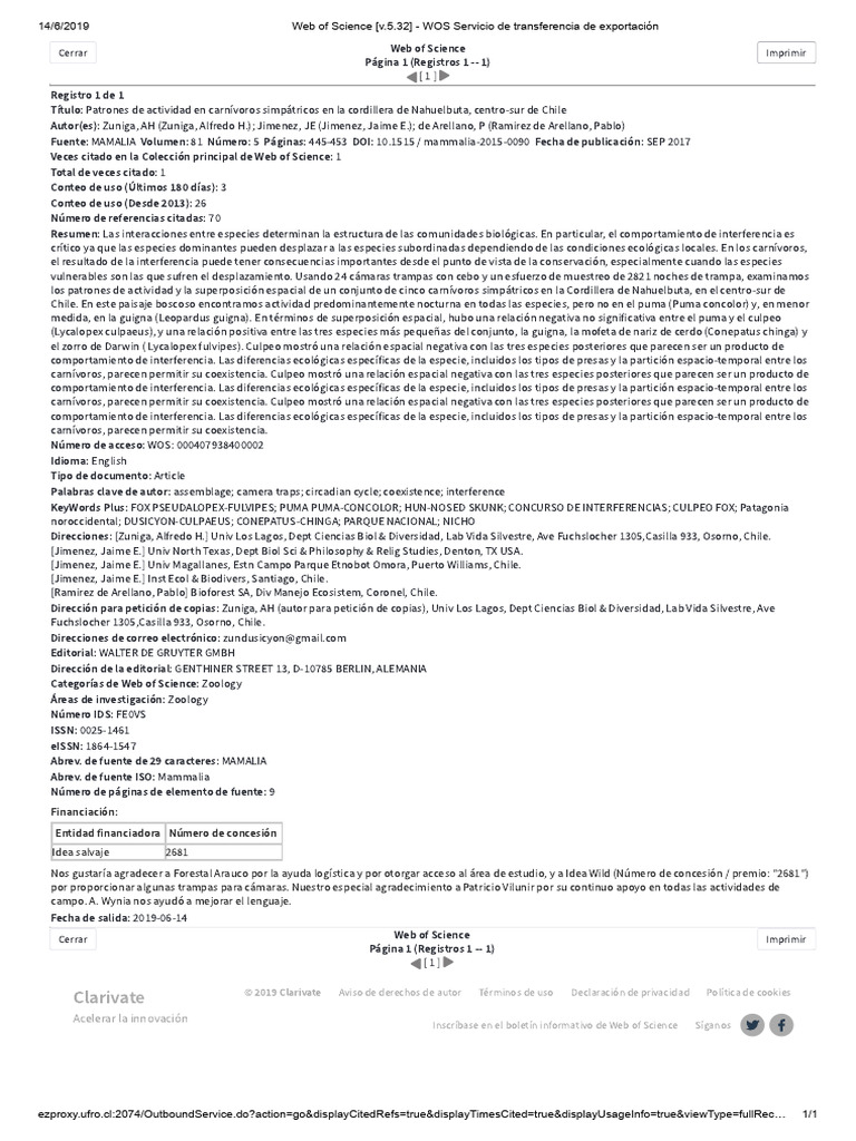 Web of Science (v.5.32) - WOS Servicio de Transferencia de Exportación Eex | PDF | Carnívoros