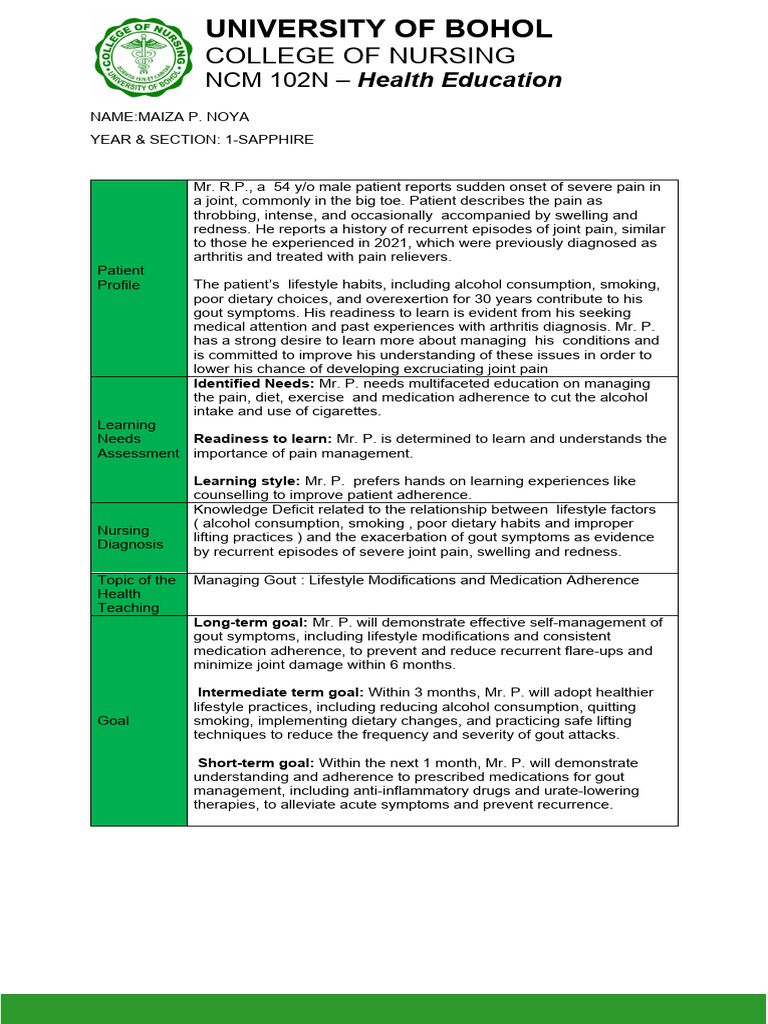 Gouty Arthritis - Health Teaching Plan | PDF | Gout | Pain