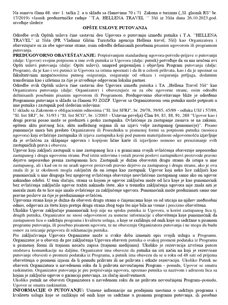Hellena Travel - Opsti Uslovi Putovanja | PDF