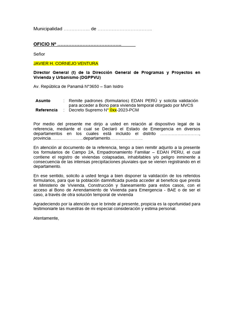 Oficio A DGPPVU para Enviar Fichas EDAN | PDF