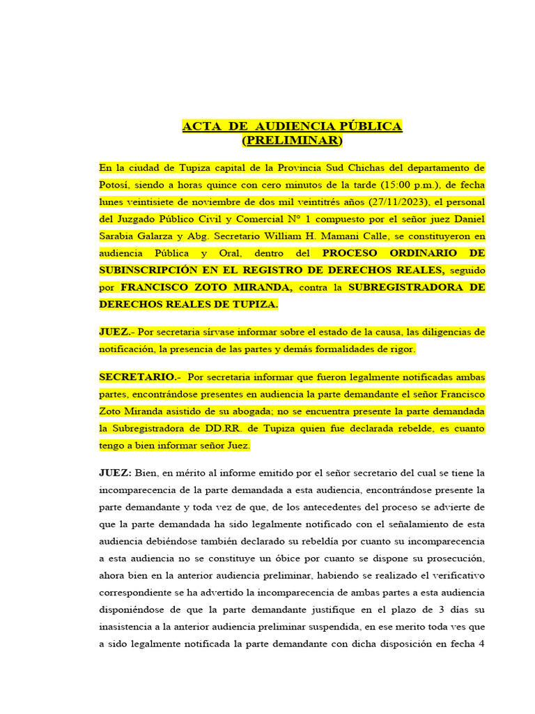 ACTA - Francisco Zoto Miranda - C - DD - RR. (Preliminar) | PDF | Ley procesal | Demanda judicial