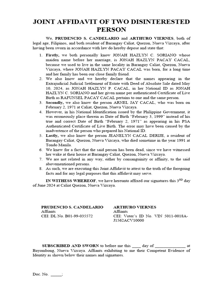 Joint Affidavit of Two Disinterested Person | PDF | Affidavit | Civil ... Joint Affidavit of Two Disinterested Person | PDF | Affidavit | Civil ...