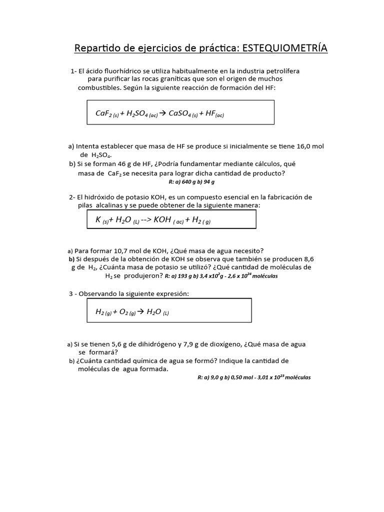2020 Ejercicios de Practica Estequiometria | PDF | Ácido clorhídrico ...