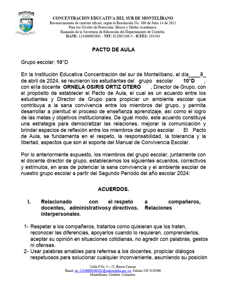 Formato Pacto de Aula. 10°d-Cesum | PDF | Salón de clases | Educación de la primera infancia