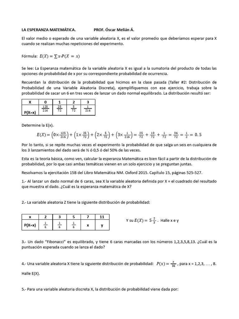 Taller #1. Esperanza MatemÃ¡tica | PDF | Variable aleatoria | Probabilidad