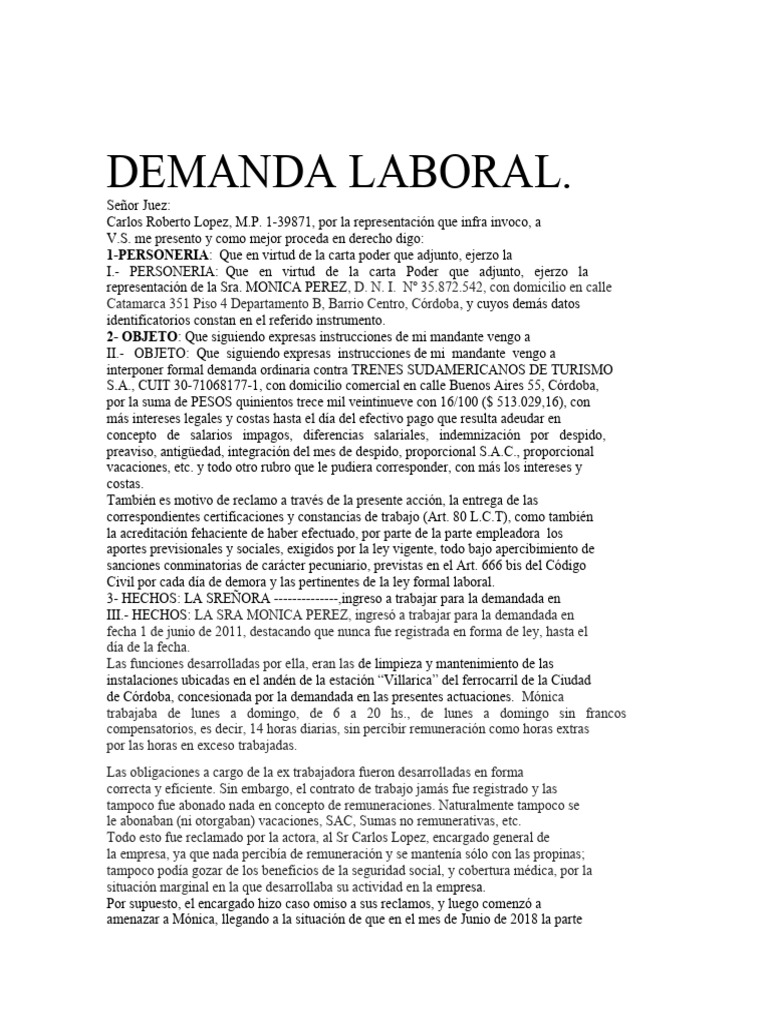 Demanda Laboral | PDF | Labor | Justicia