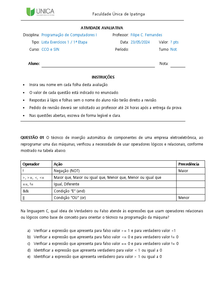 Etapa 1 ListaExercicios01 Programacao | PDF | C (linguagem de ...