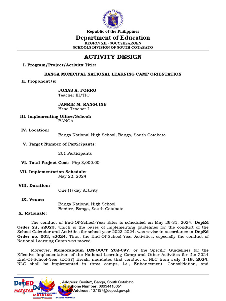 Activity Design NLC Orientation 2024 2 | PDF