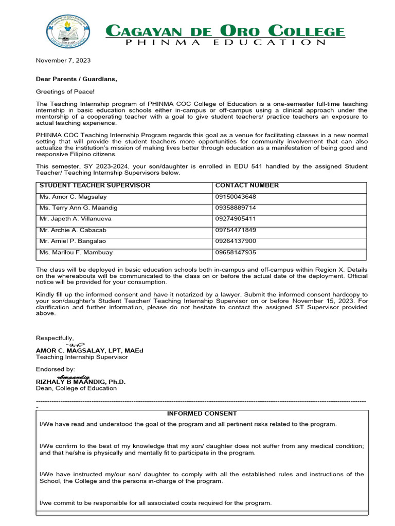 Parents Informed Consent Updated | PDF | Informed Consent | Teachers