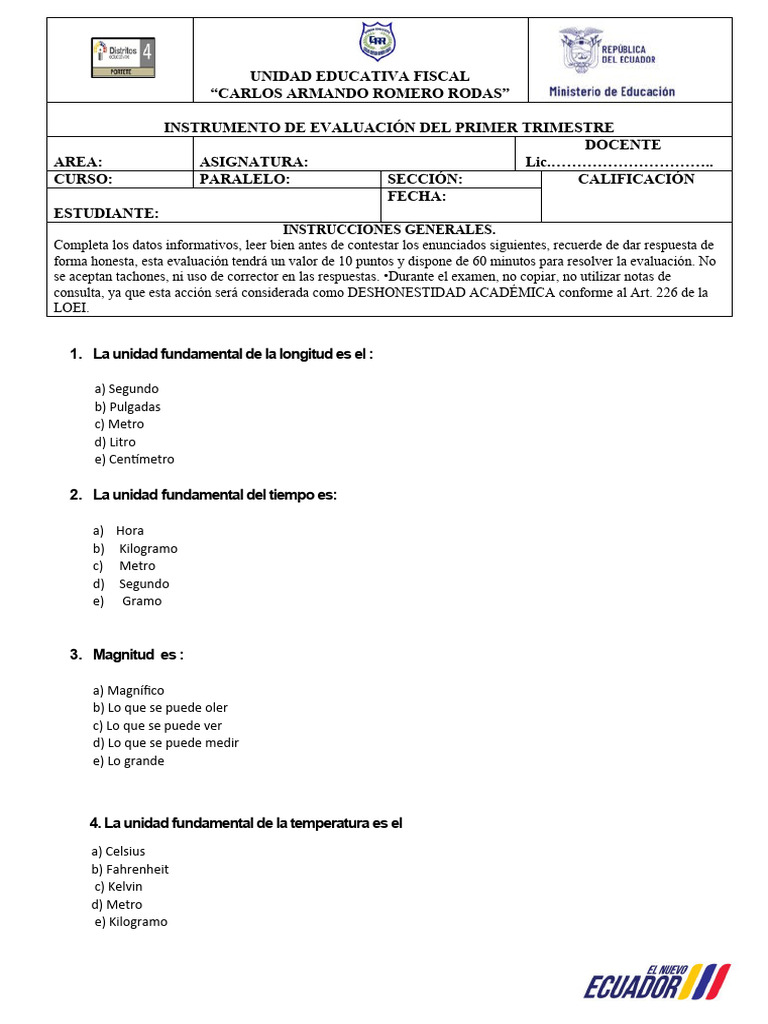 DIAGNOSTICA FISICA 1ERO BGU Docente | PDF | Kilogramo | Sistema Internacional de Unidades