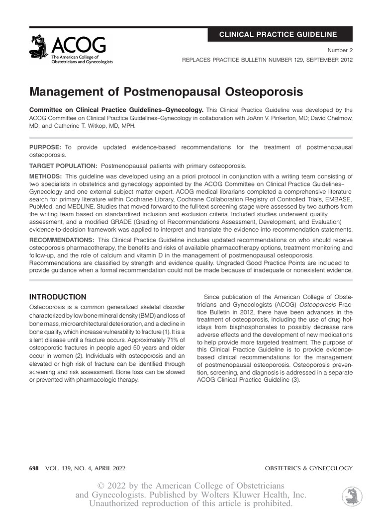 2022 ACOG Management of Postmenopausal Osteoporosis | PDF ...