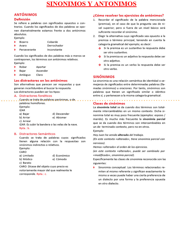 Sinonimos y Antonimos para Segundo Grado de Secundaria | PDF ...