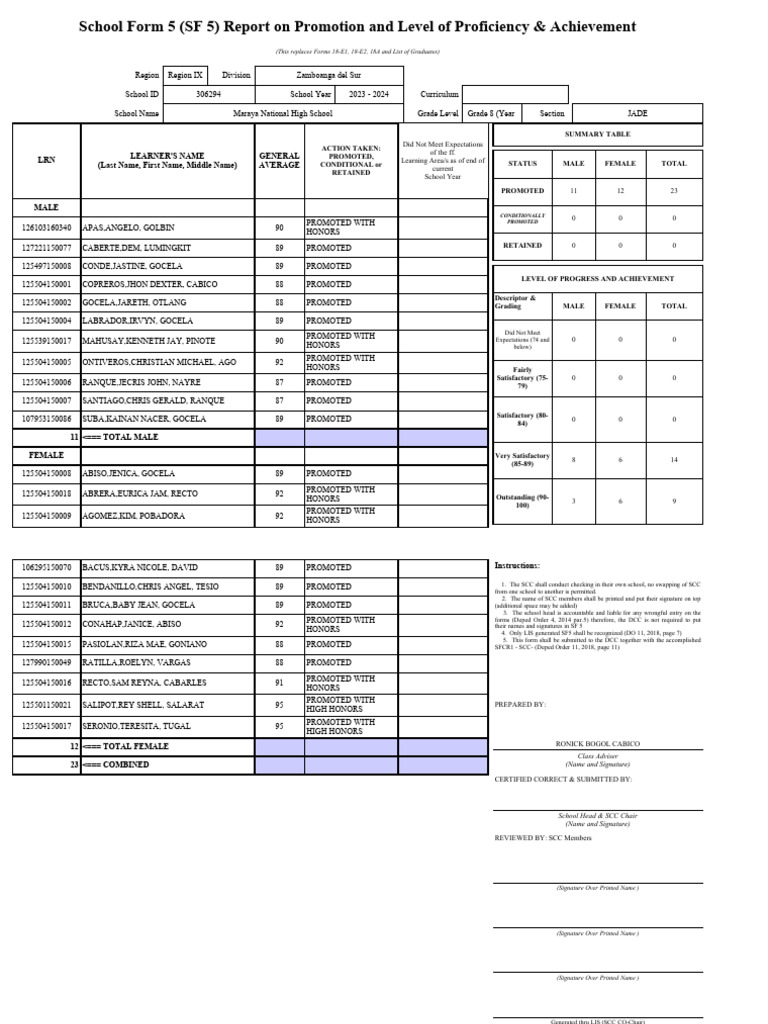 SF5_2023_Grade 8 (Year II) - JADE | PDF