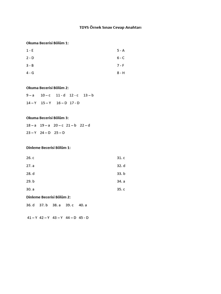 Tdys Ornek Sinav Cevap Anahtari | PDF