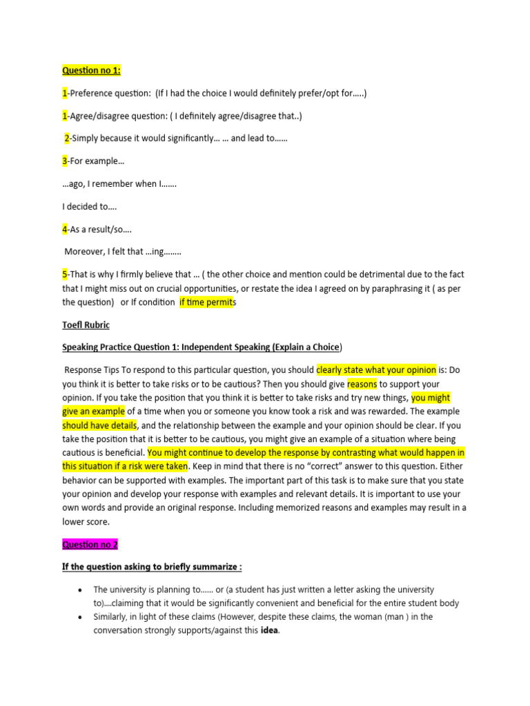 Toefl Speaking Structure Acc To ETS Rubric | PDF