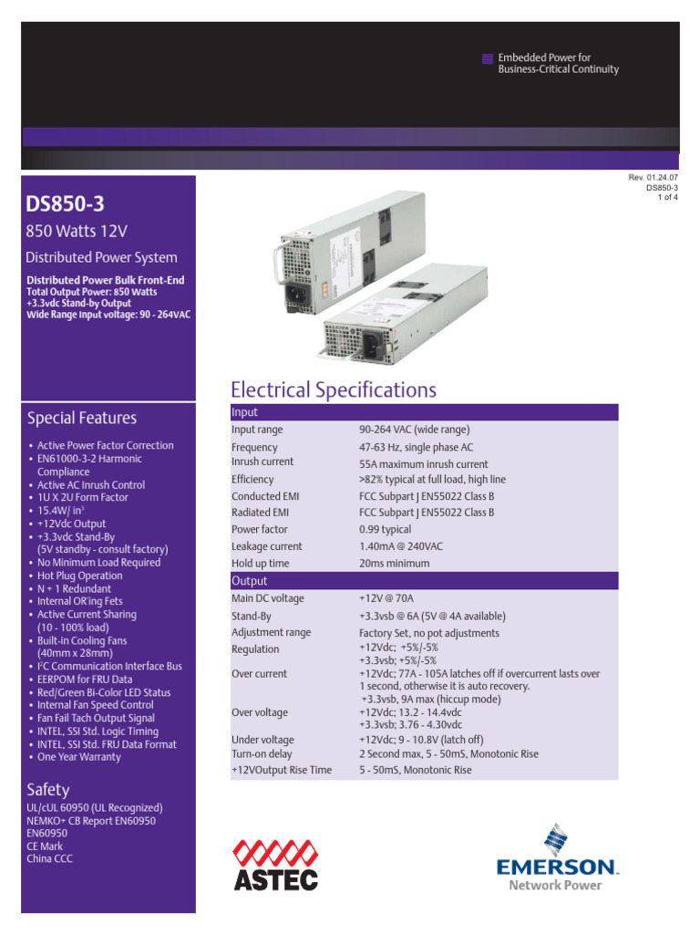 Astec-Emerson DS850-3 | PDF | Alternating Current | Power Supply
