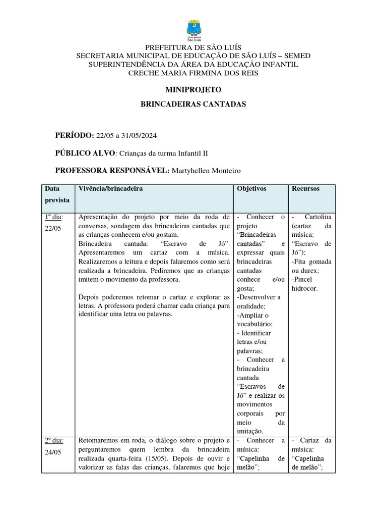 Miniprojeto Brincadeiras Cantadas Infantil Ii | PDF | Aprendizado | Danças