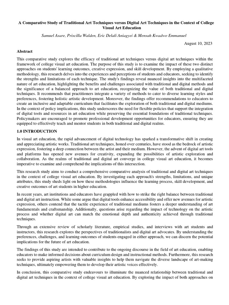 Article 1 - A Comparative Study of Traditional Art Techniques Versus Digital Art Techniques 1 ...