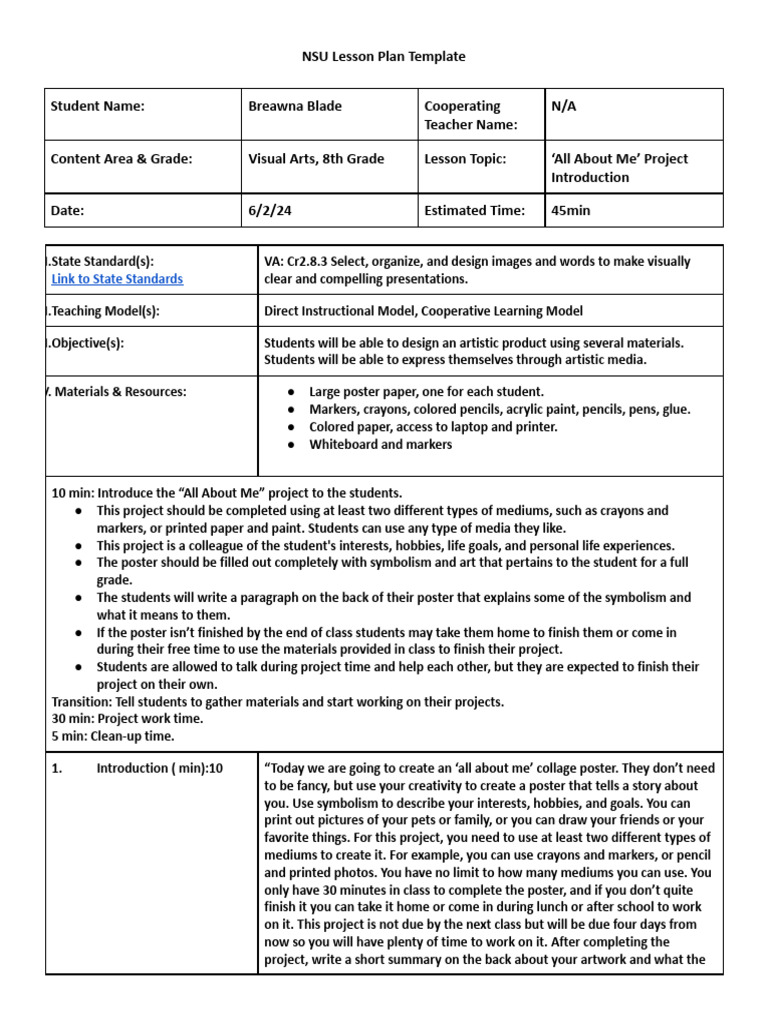 NSU Lesson Plan Template.docx | Download Free PDF | Lesson Plan | Poster